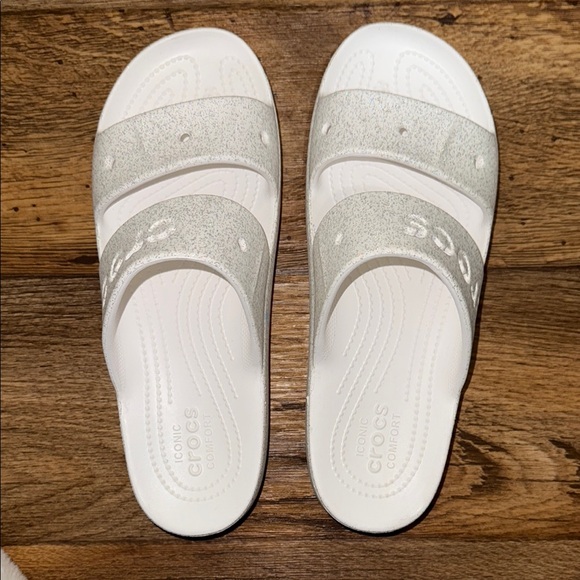 CROCS | Shoes | Crocs White And Silver Slide Sandals | Poshmark